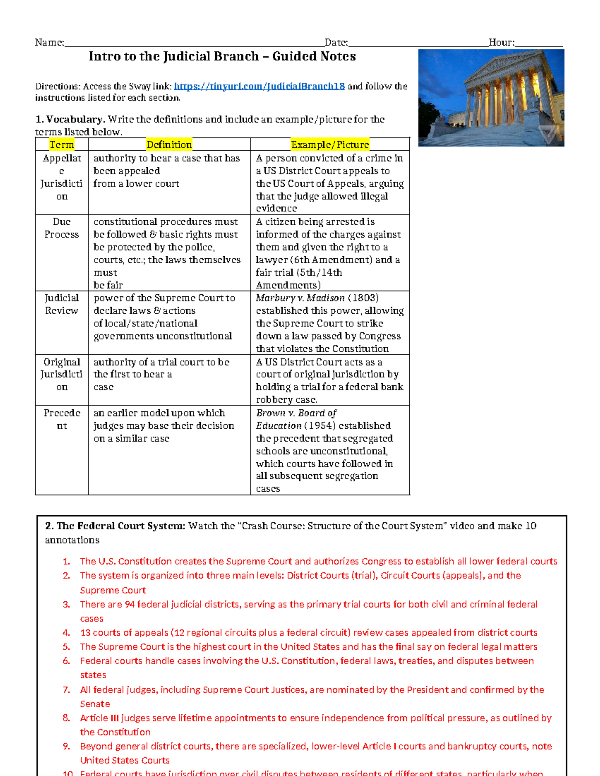 Judicial Branch (CIV 101) - Guided Notes for Understanding Structure ...