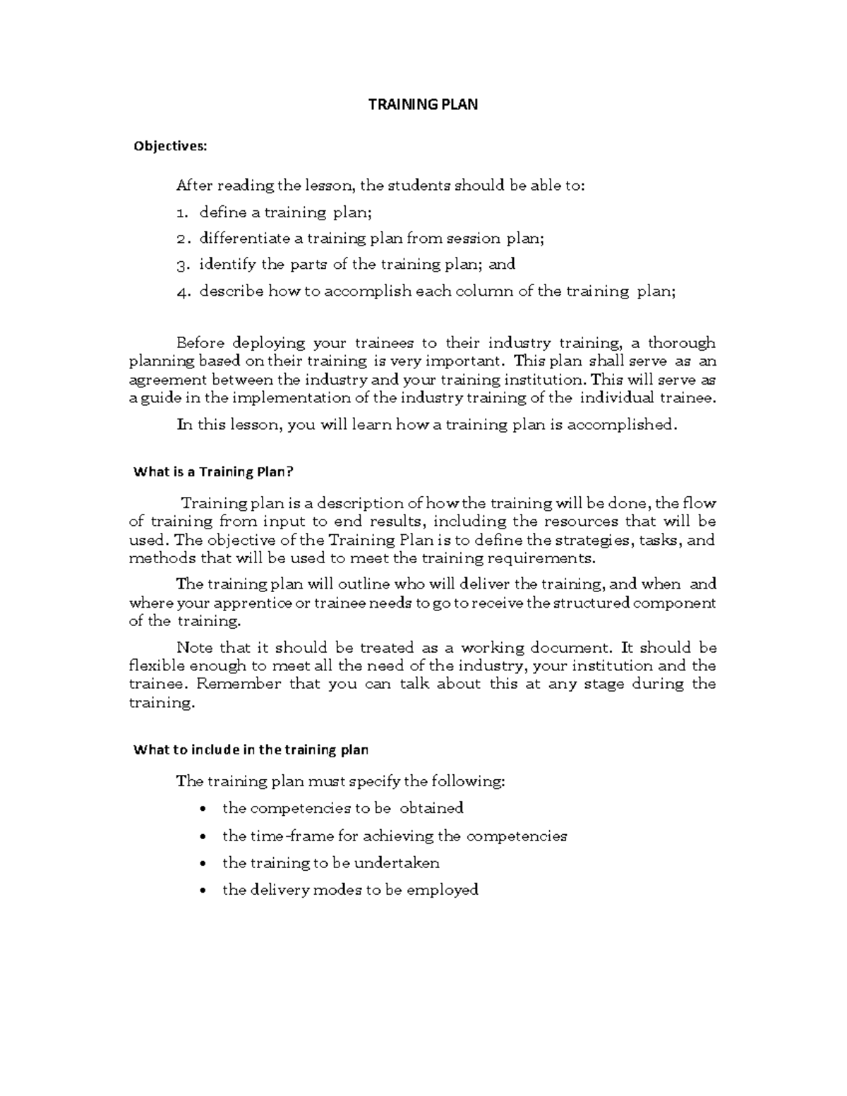 Training Plan Overview for PLAN 102500: Key Elements and Steps - Studocu