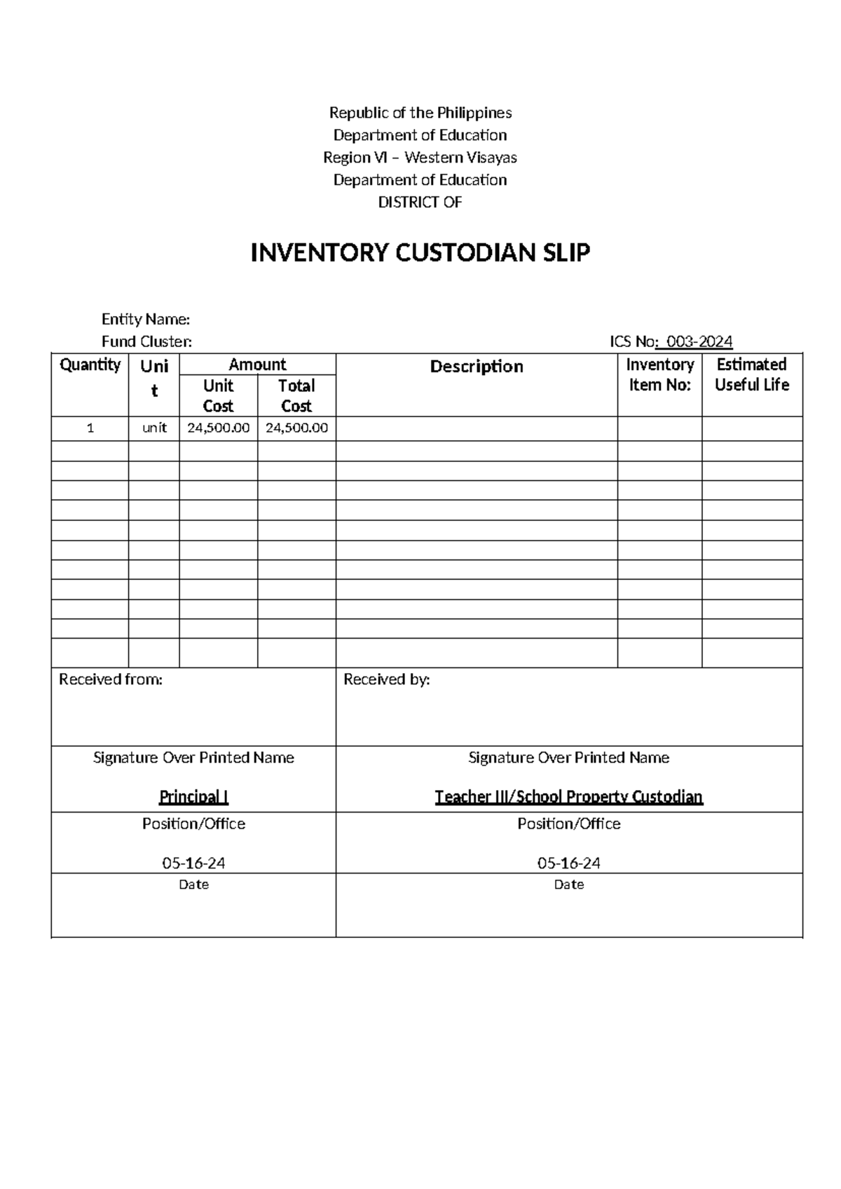 Inventory Custodian SLIP - Republic of the Philippines Department of ...