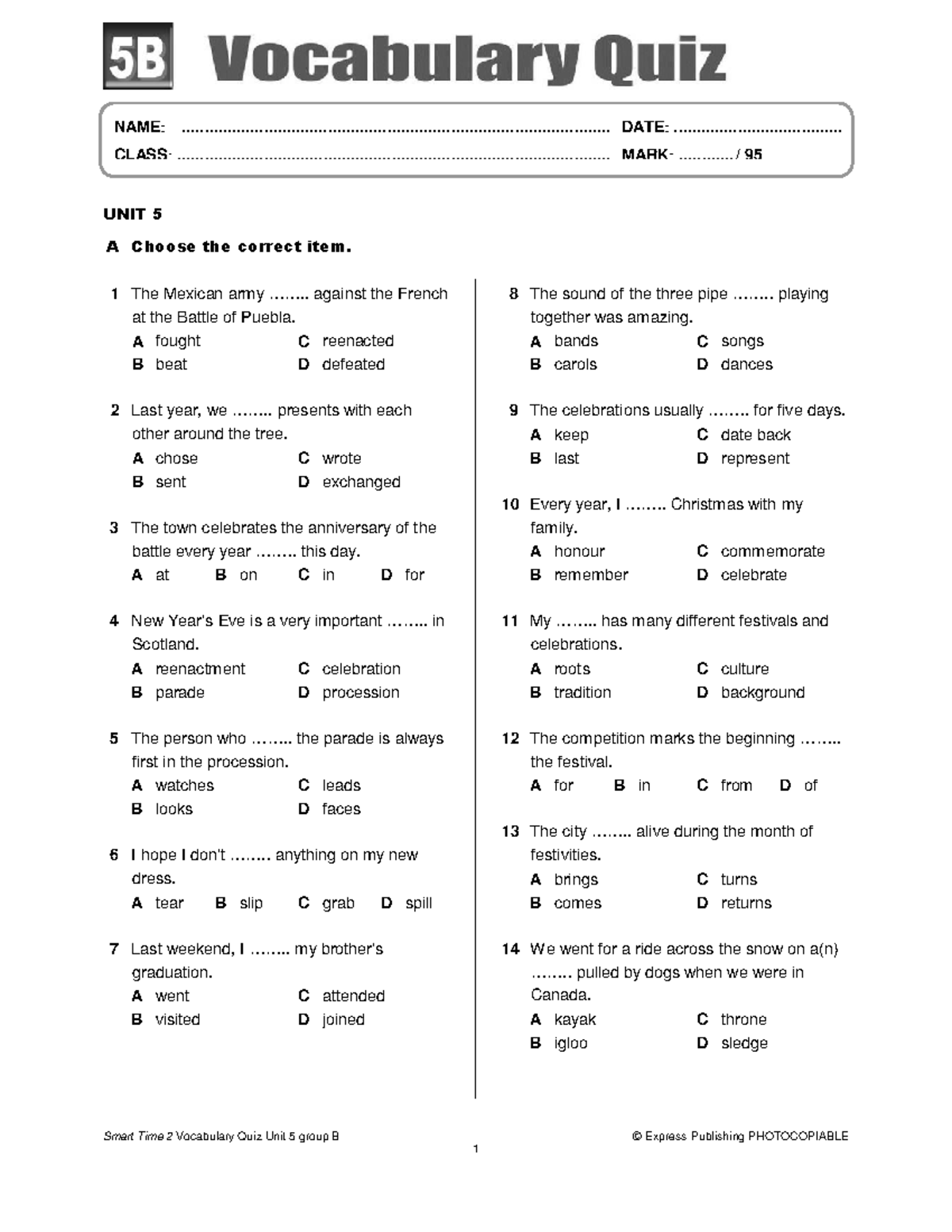 Smart Time 2 Vocabulary Quiz Unit 5: Questions & Answers - Studocu