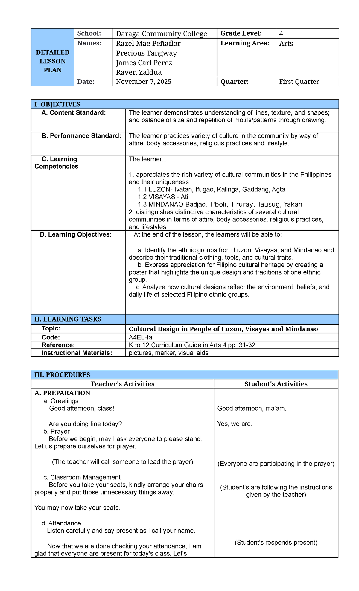4AS Detailed Lesson Plan in Arts: Cultural Designs of Filipino Ethnic ...