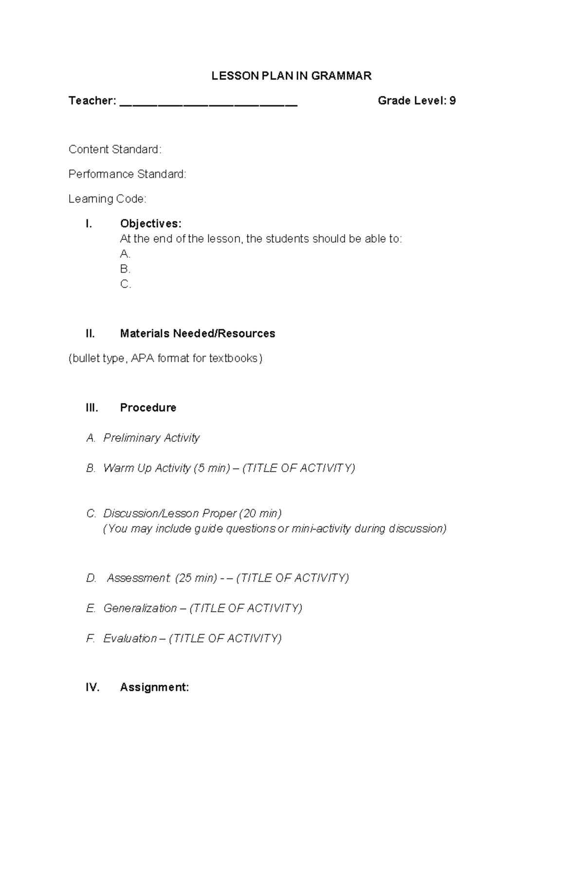 Lesson PLAN IN Grammar Sampple - LESSON PLAN IN GRAMMAR Teacher