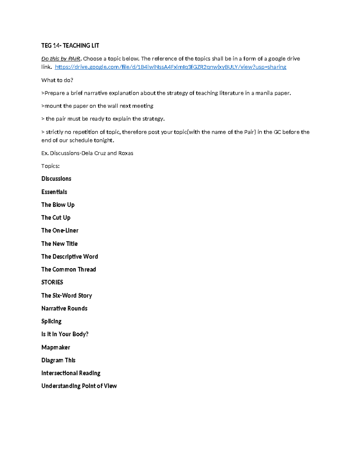 TEG-14 Act 3 - ACTIVITY - TEG 14- TEACHING LIT Do this by PAIR. Choose ...