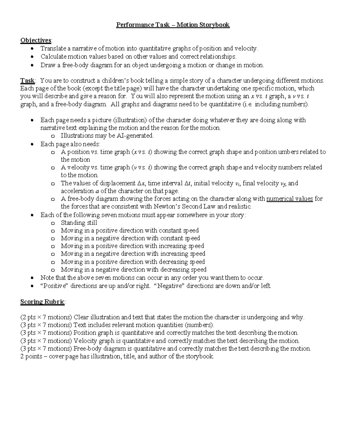 Performance Task - Motion Storybook Objectives & Guidelines - Studocu