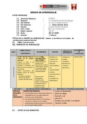5.- Sesion Escribimos UN Afiche - SESIÓN DE APRENDIZAJE Nº 5 I. DATOS GENERALES I. Institución ...
