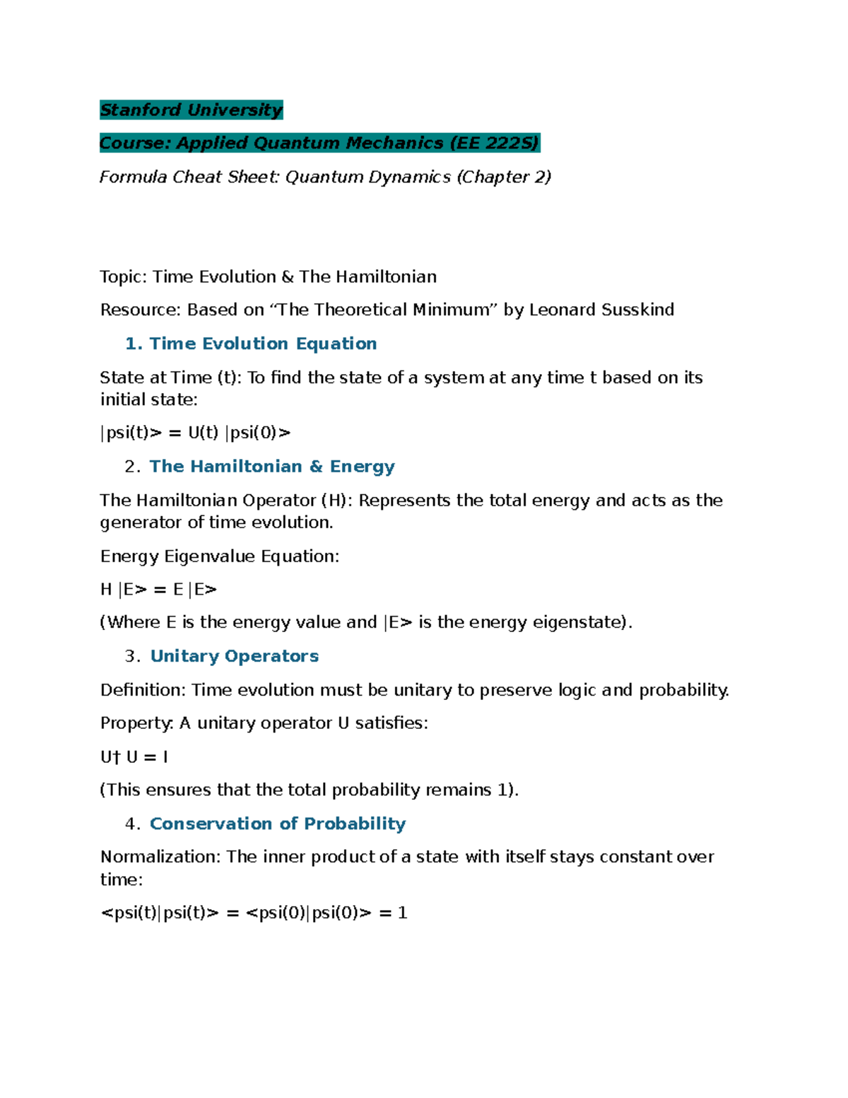 EE Quantum Mechanics: Ch2 Time Evolution & Hamiltonian Cheat Sheet ...