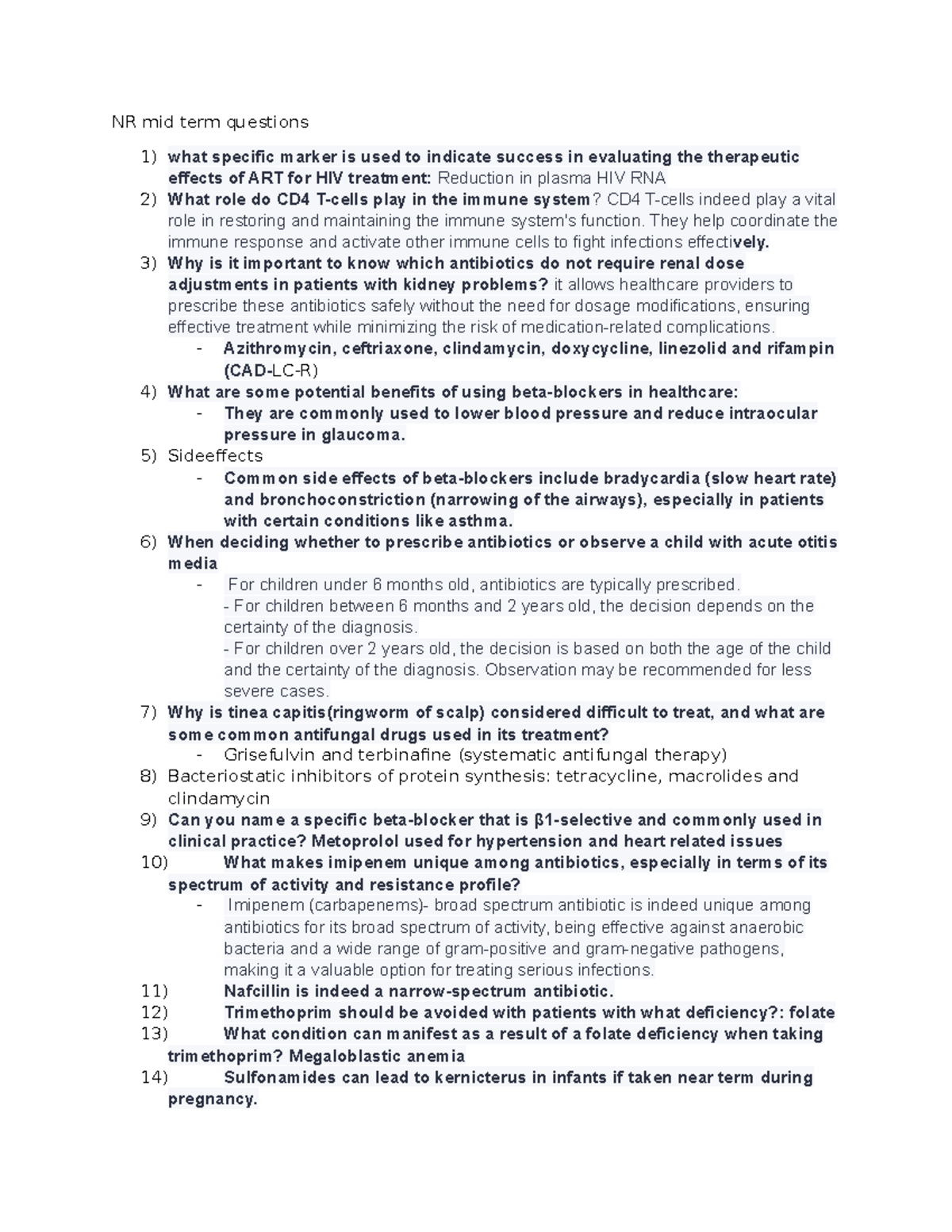 NR Midterm Exam: Key Questions on HIV, Antibiotics, and Treatments ...