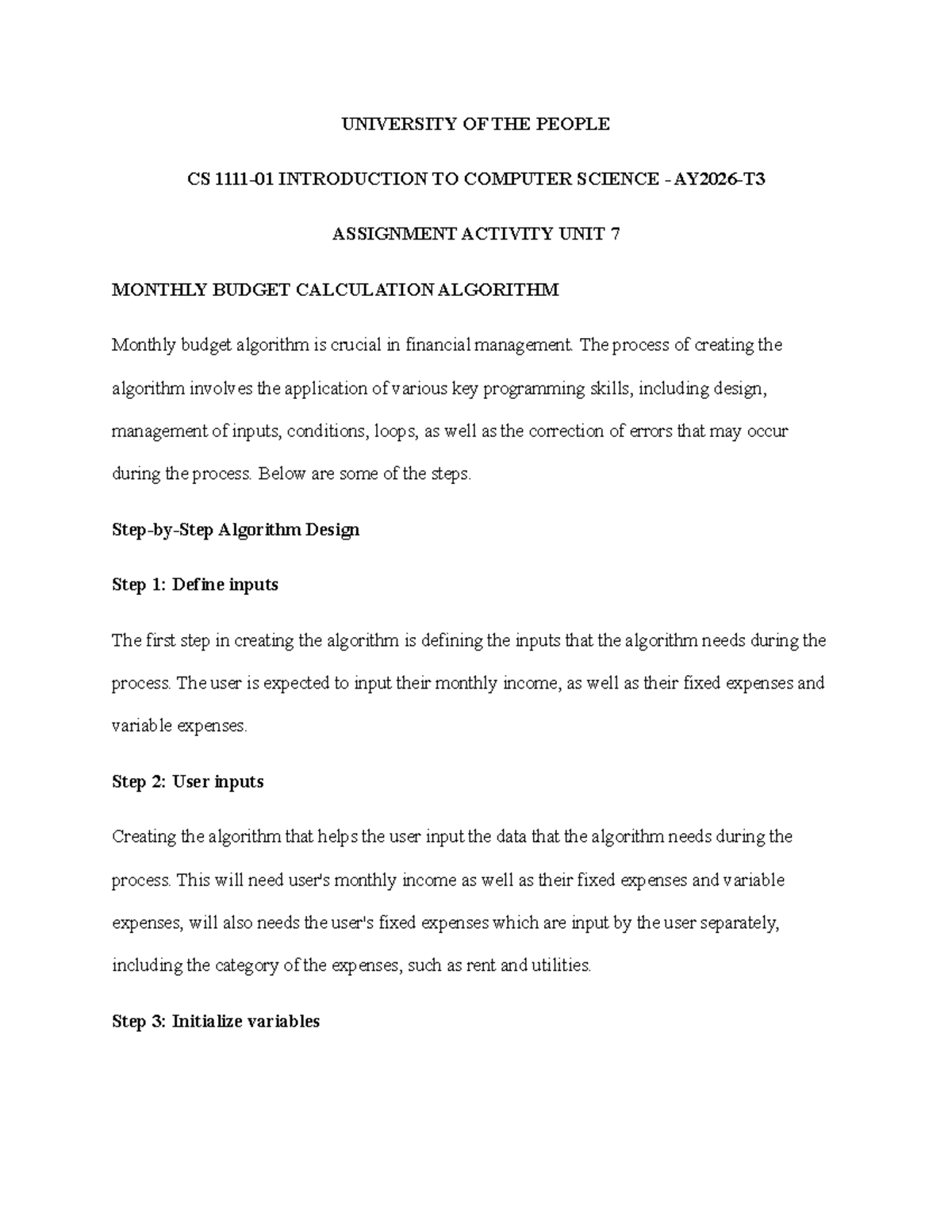 CS Introduction to Computer Science: Monthly Budget Calculation ...