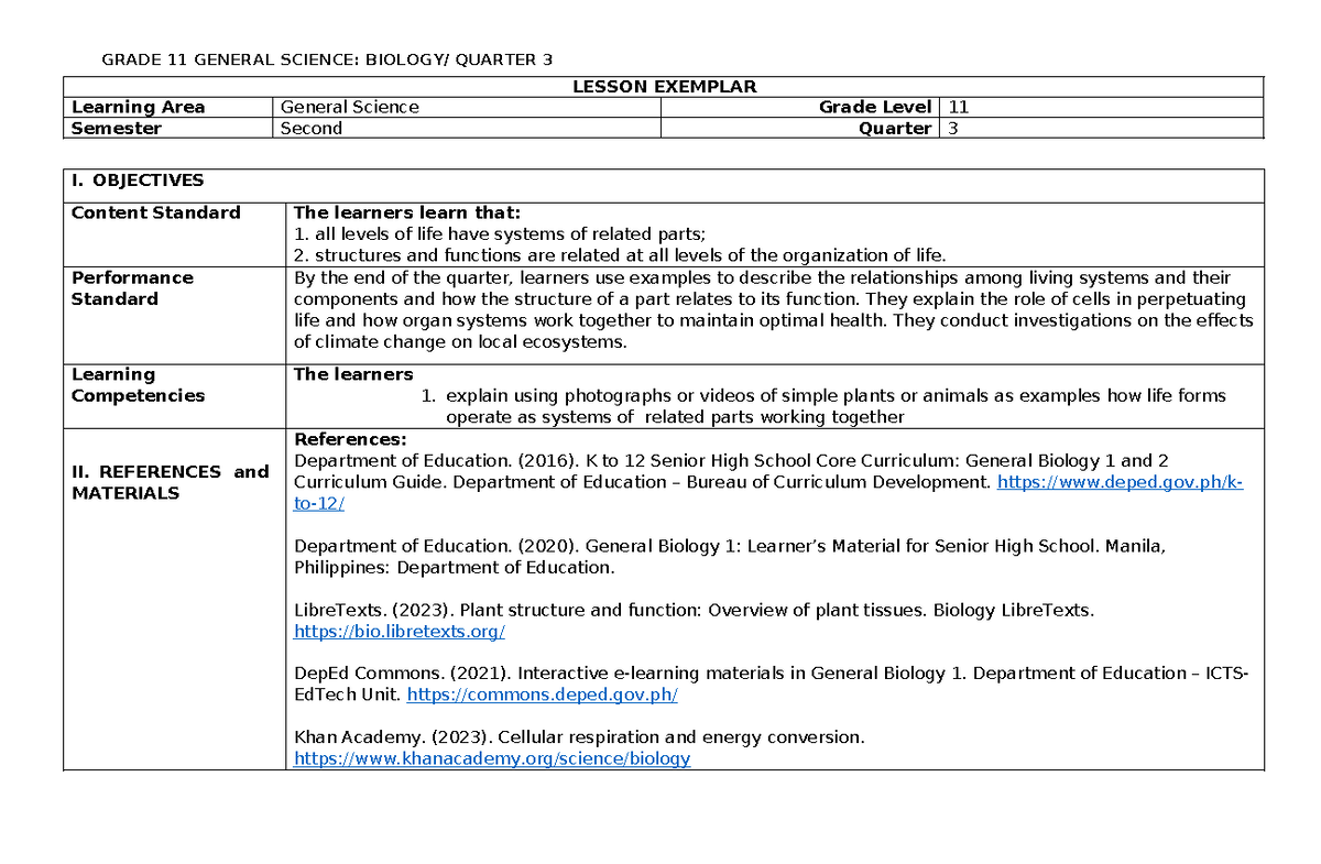 GRADE 11 GENERAL SCIENCE: QUARTER 3 Lesson Exemplar on Living Systems ...