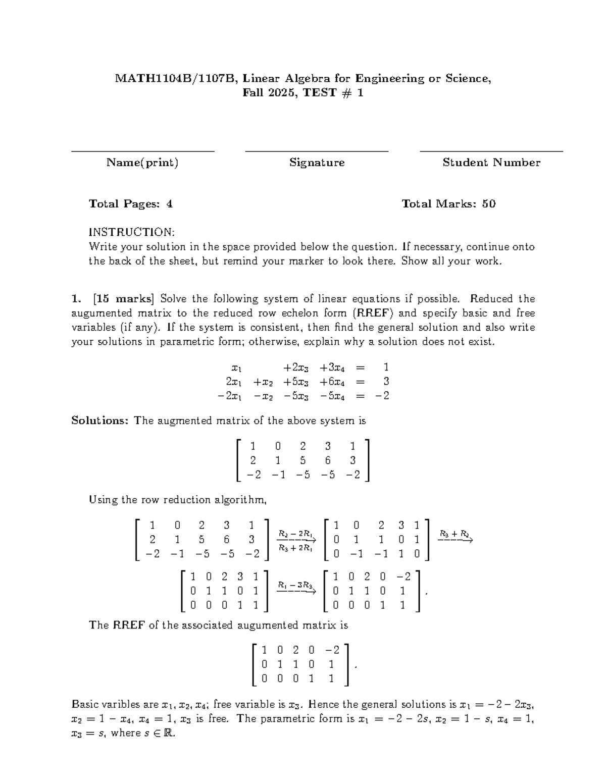 Linear Algebra for Engineering or Science (TEST 1) Solutions, Fall 2025 ...