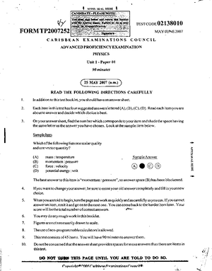 CXC CSEC Physics Final Exam June 2018 - Paper 01 (General Proficiency ...