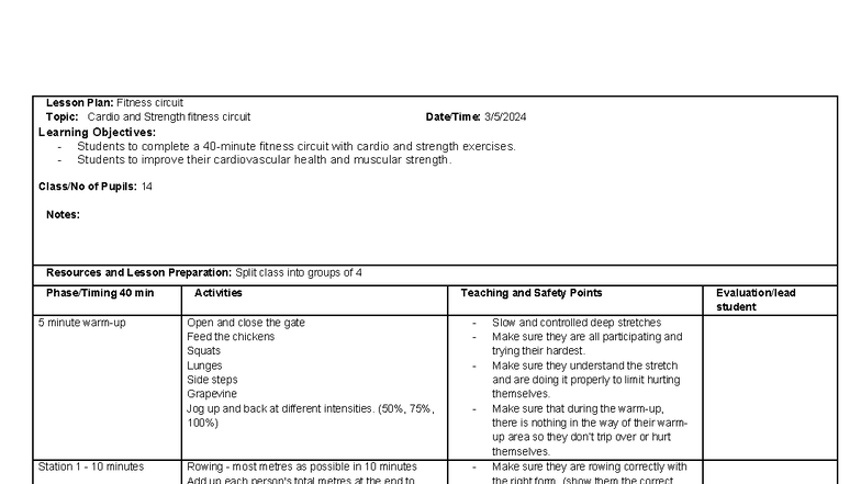 Pdhpe - taking the lead - Lesson Plan: Fitness circuit Topic: Cardio ...