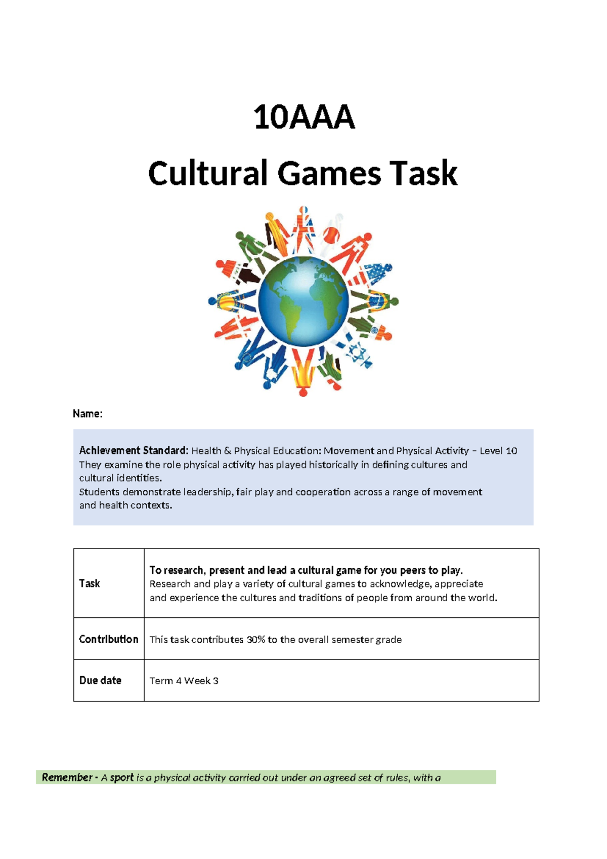 2024 HPE Level 10 Cultural Games Assessment Task - Studocu