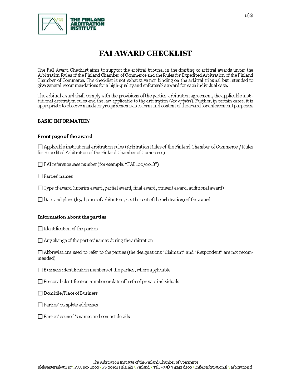 FAI Award Checklist Guidelines for Arbitral Tribunal Drafting - Studocu