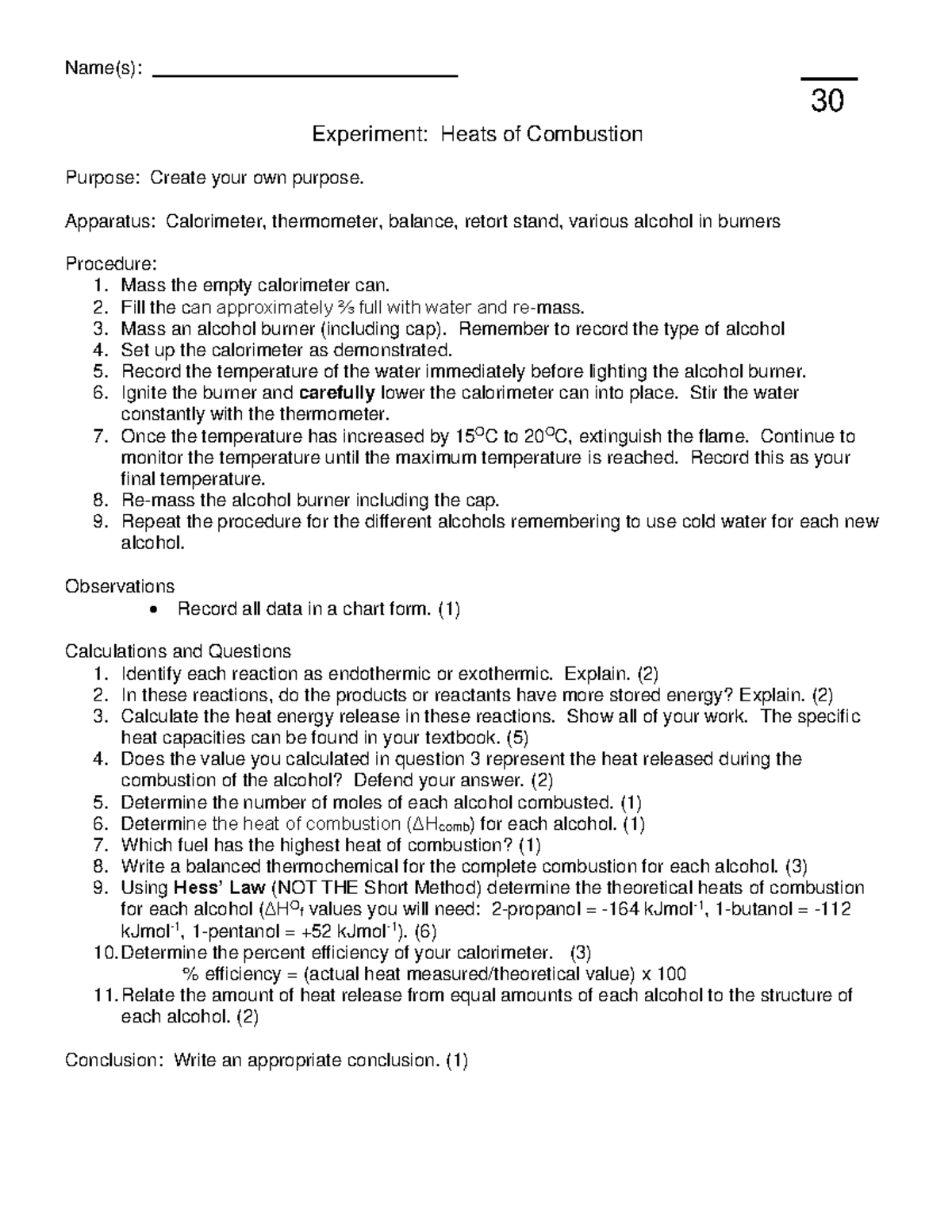Heats of Combustion Lab Experiment Report 2022 - Studocu