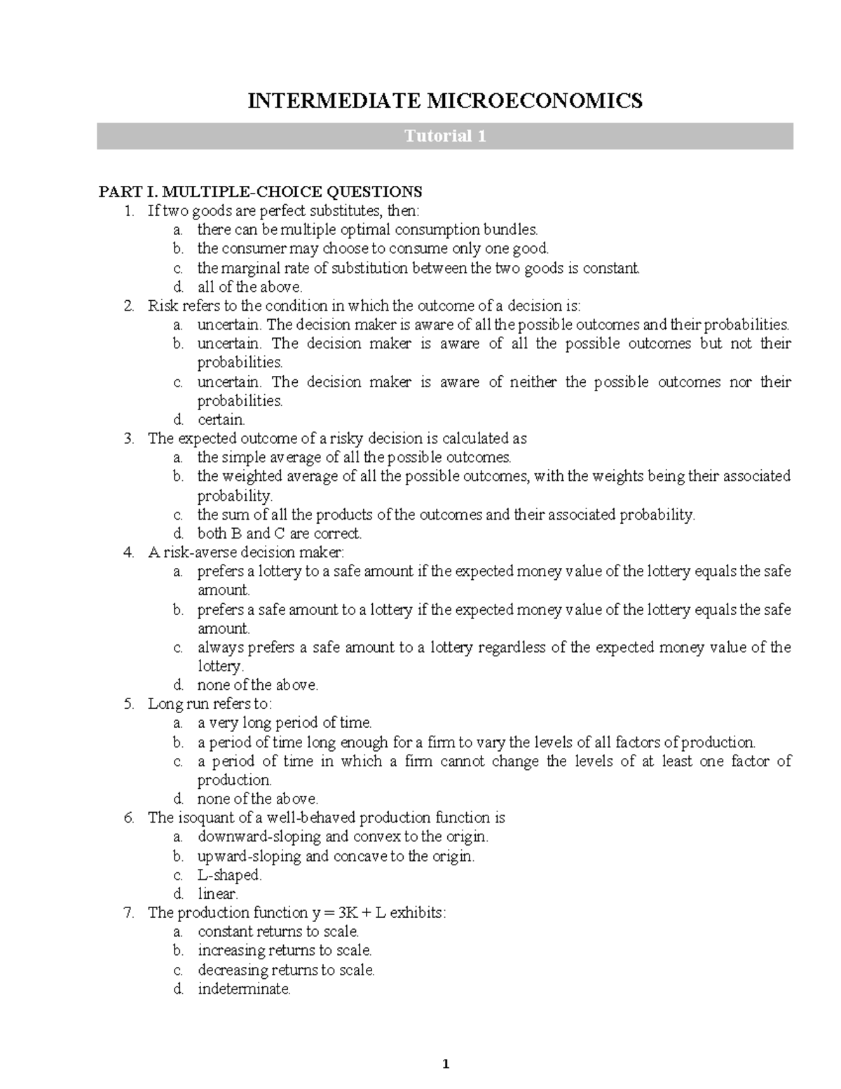 INTERMEDIATE MICROECONOMICS Tutorial 1: Questions & Exercises - Studocu