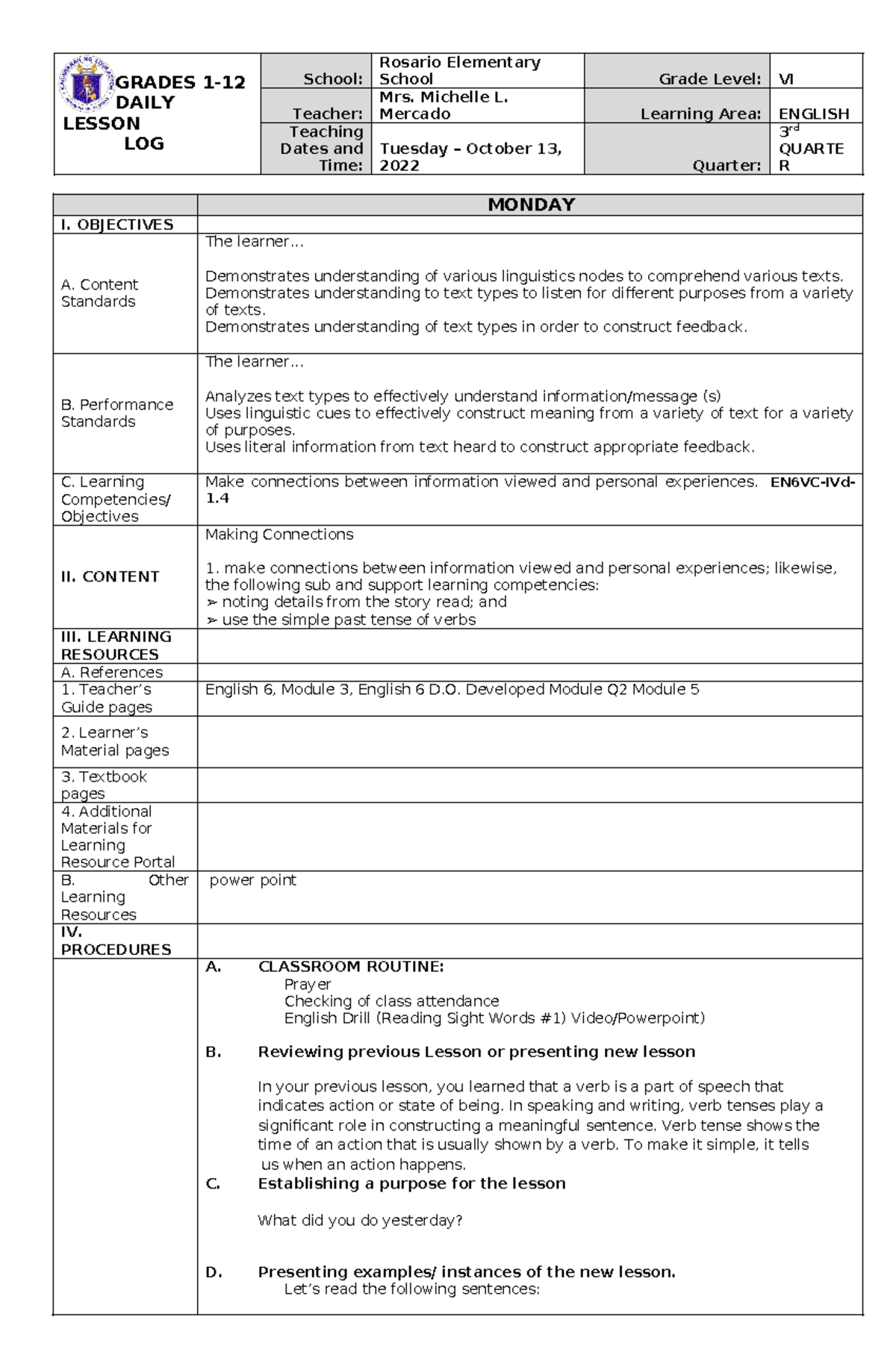 English Lesson Plan for Grade VI on Simple Past Tense - Oct 13, 2022 ...