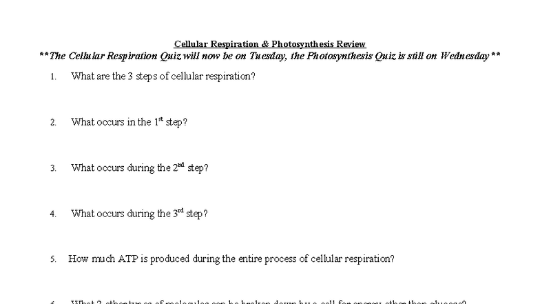 Cellular Respiration & Photosynthesis Review Quiz (BIO101) - Studocu