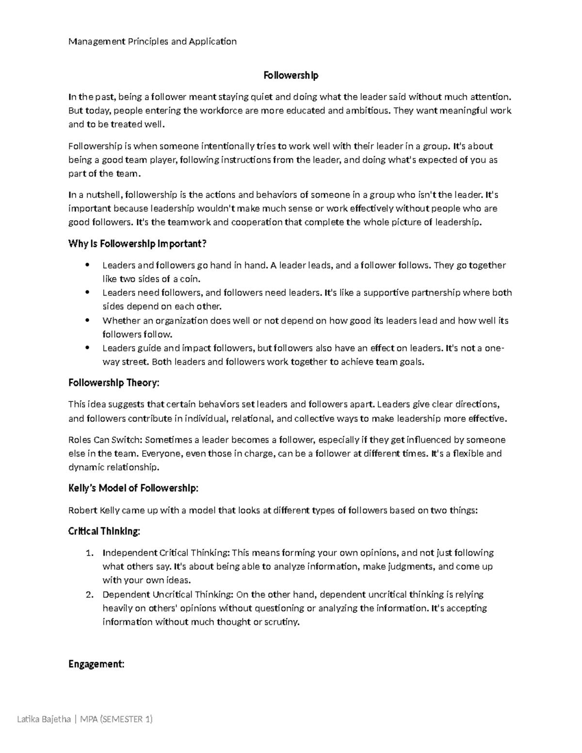Followership Insights: Management Principles & Application (MPA) - Studocu