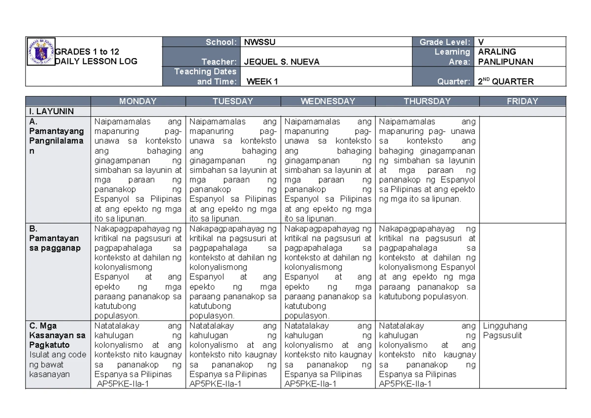 MG-DAILY LESSON PLAN GRADE 4, 5 & 6 - Week 2, Quarter 2 - Studocu