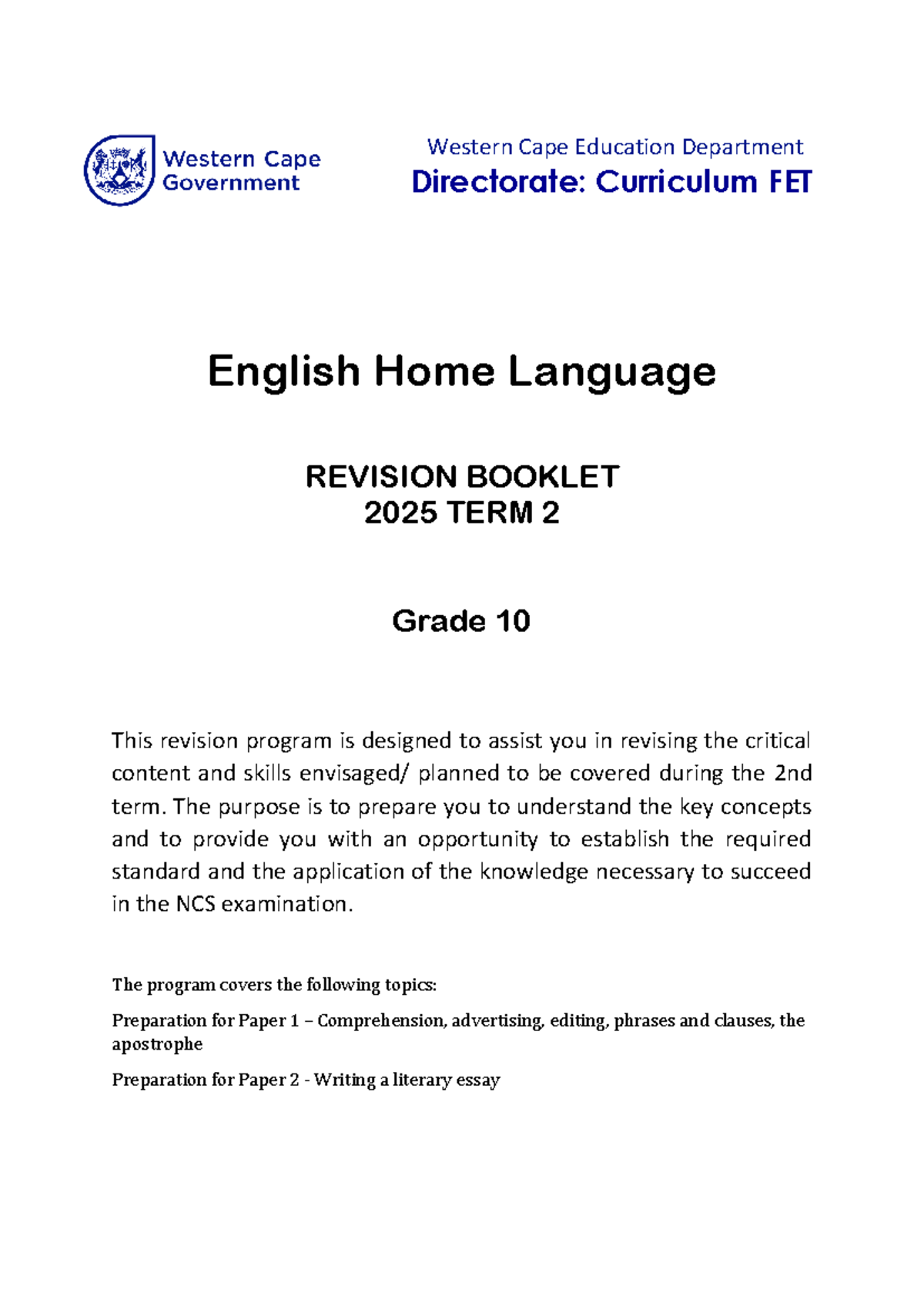 Grade 10 English HL Term 2 Revision Booklet 2025 - Studocu