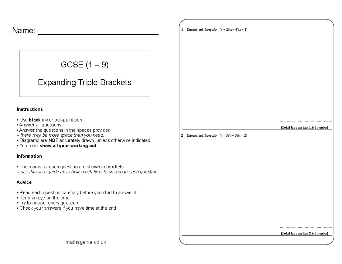 GCSE (1 9) Expanding Triple Brackets Practice Questions - Studocu