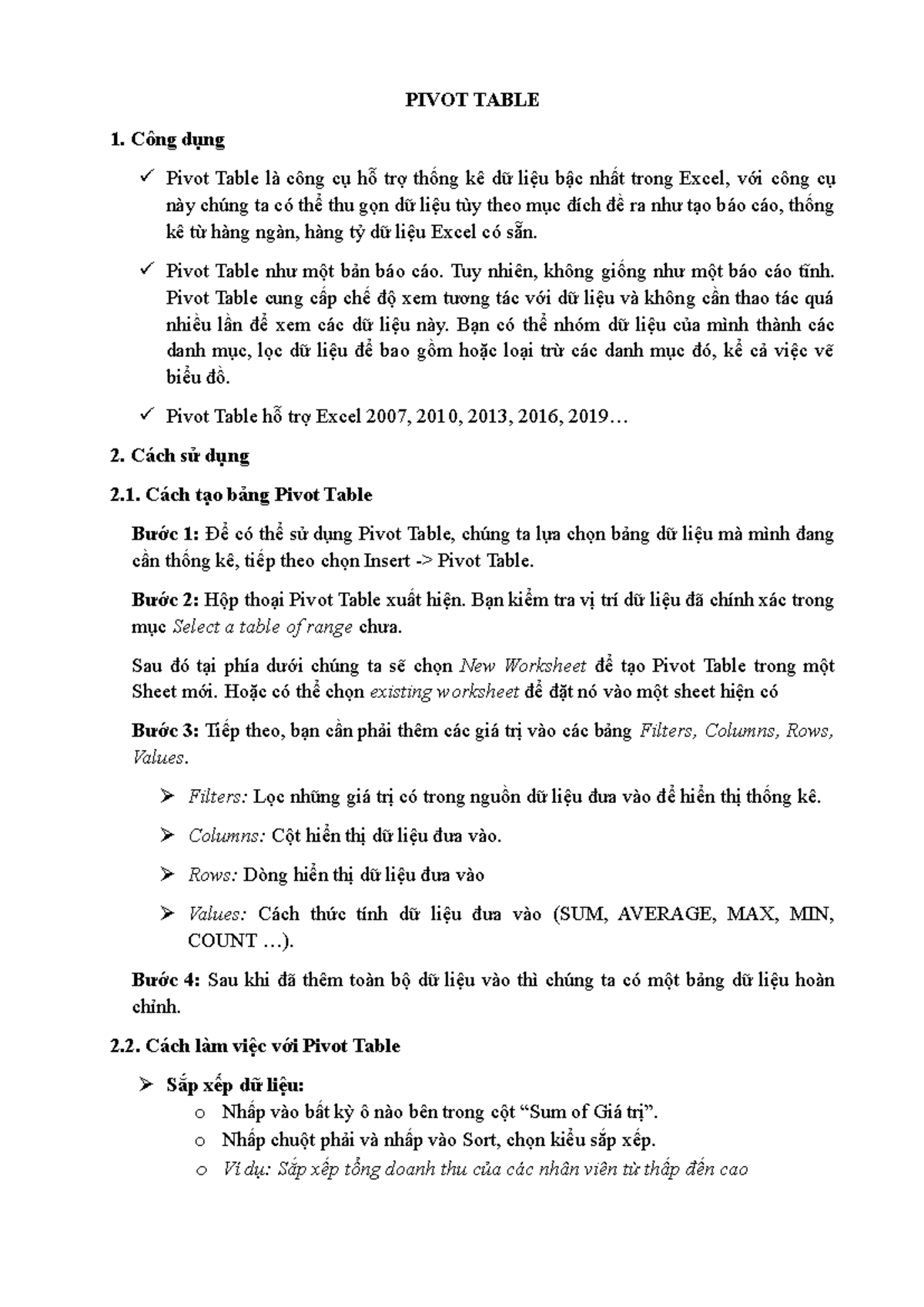 Hướng Dẫn Sử Dụng Pivot Table Trong Excel (Excel 2007-2016) - Studocu
