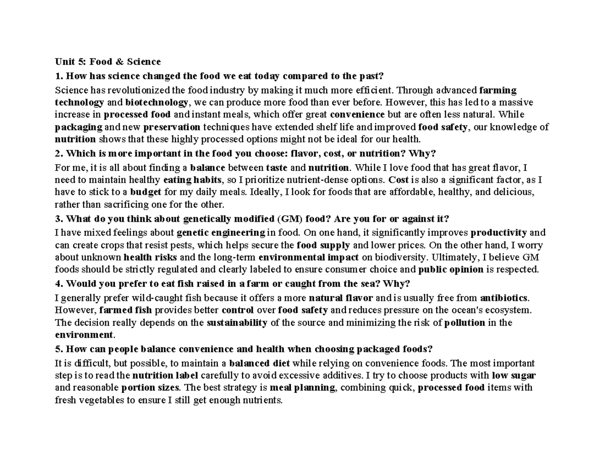 Unit 5: Food Science - The Impact of Science on Modern Food Choices ...