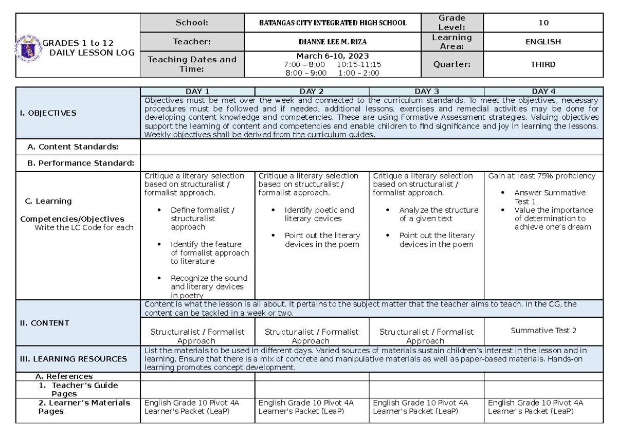 Week 4 DLL structuralis formalist approach - GRADES 1 to 12 DAILY ...