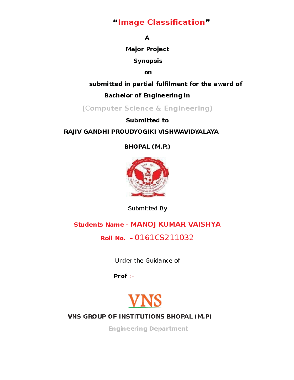 Major Project Synopsis: CNN Model for Image Classification (CSE 0161 ...