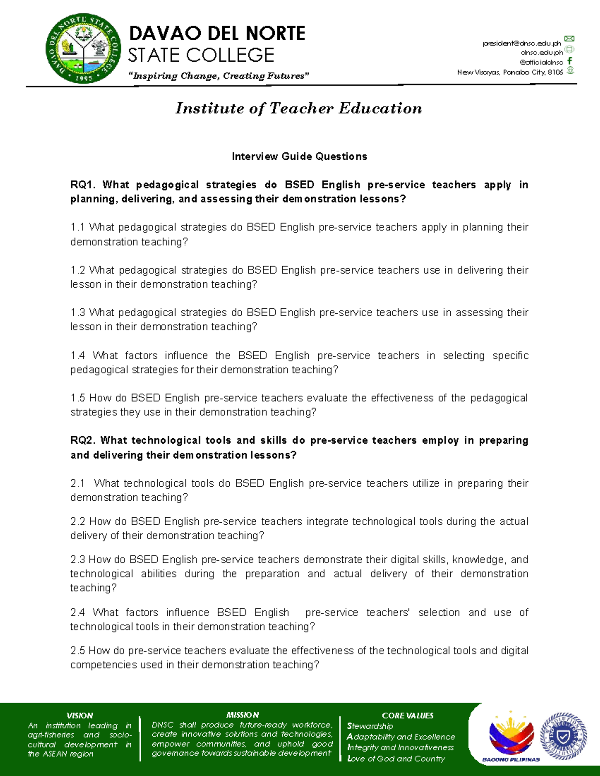 BSED English Teachers' Demo Teaching: Interview Guide Questions - Studocu