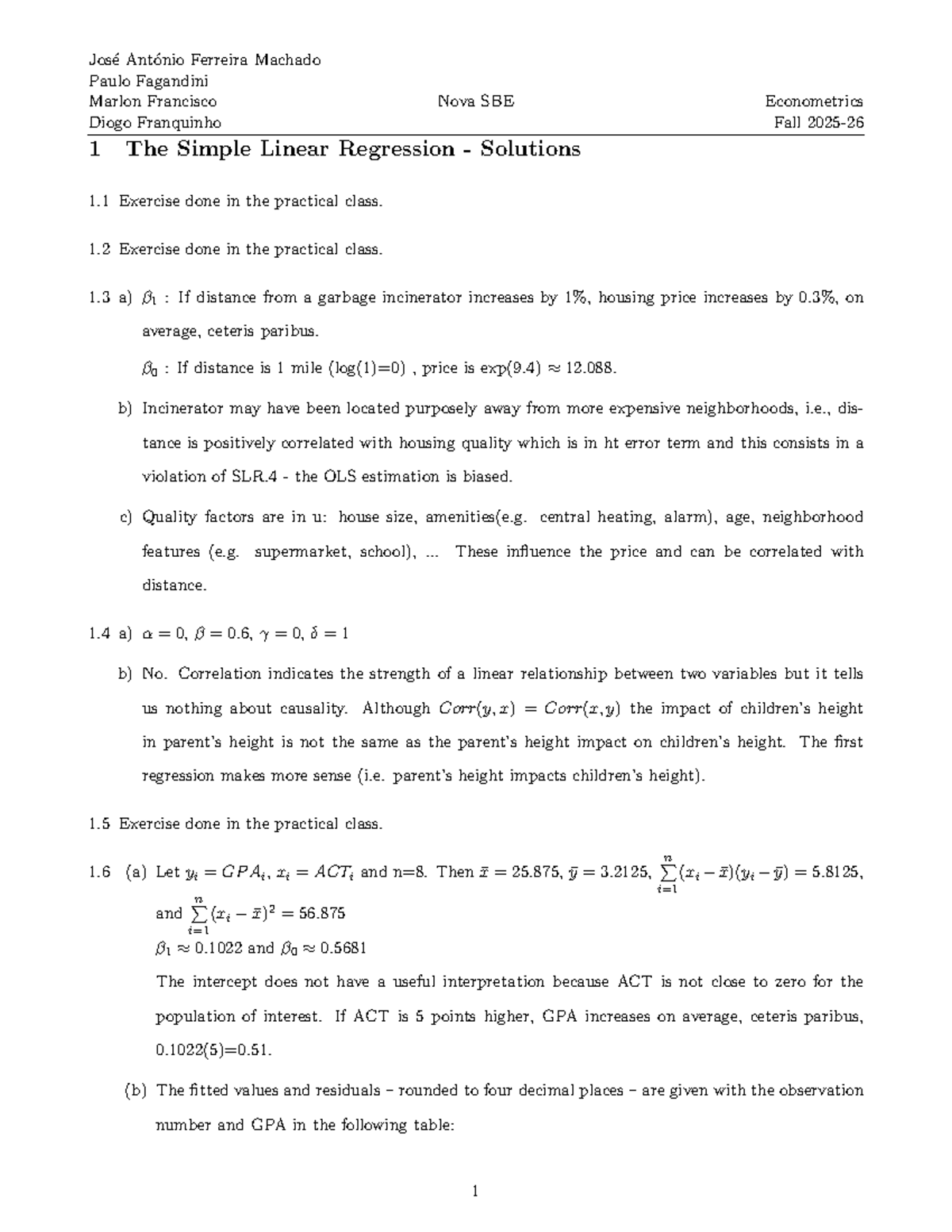 Nova SBE Econometrics Fall: SLR Solutions and Practical Exercises - Studocu