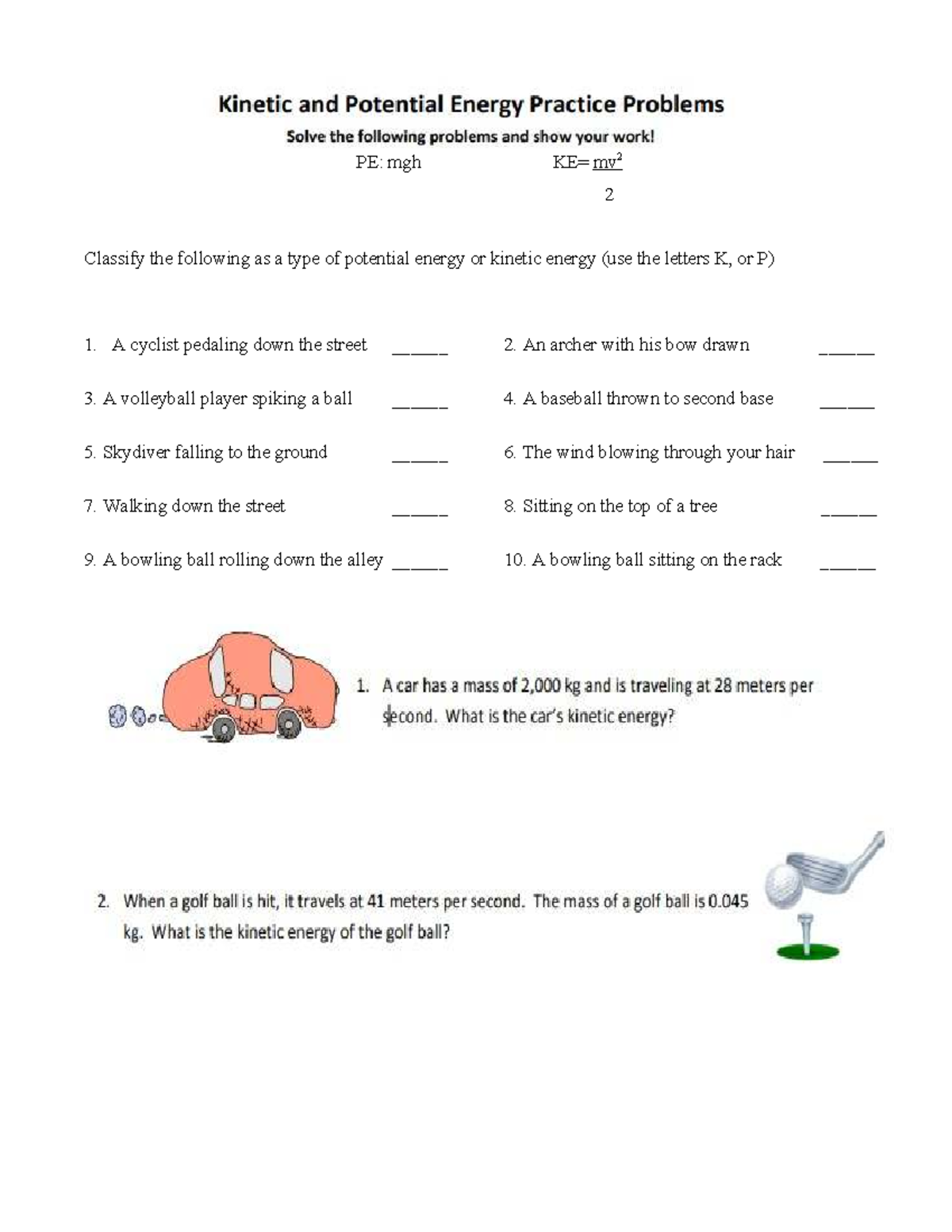 PE: mgh mv2 2 KE and PE Sample Problems Classification Guide - Studocu