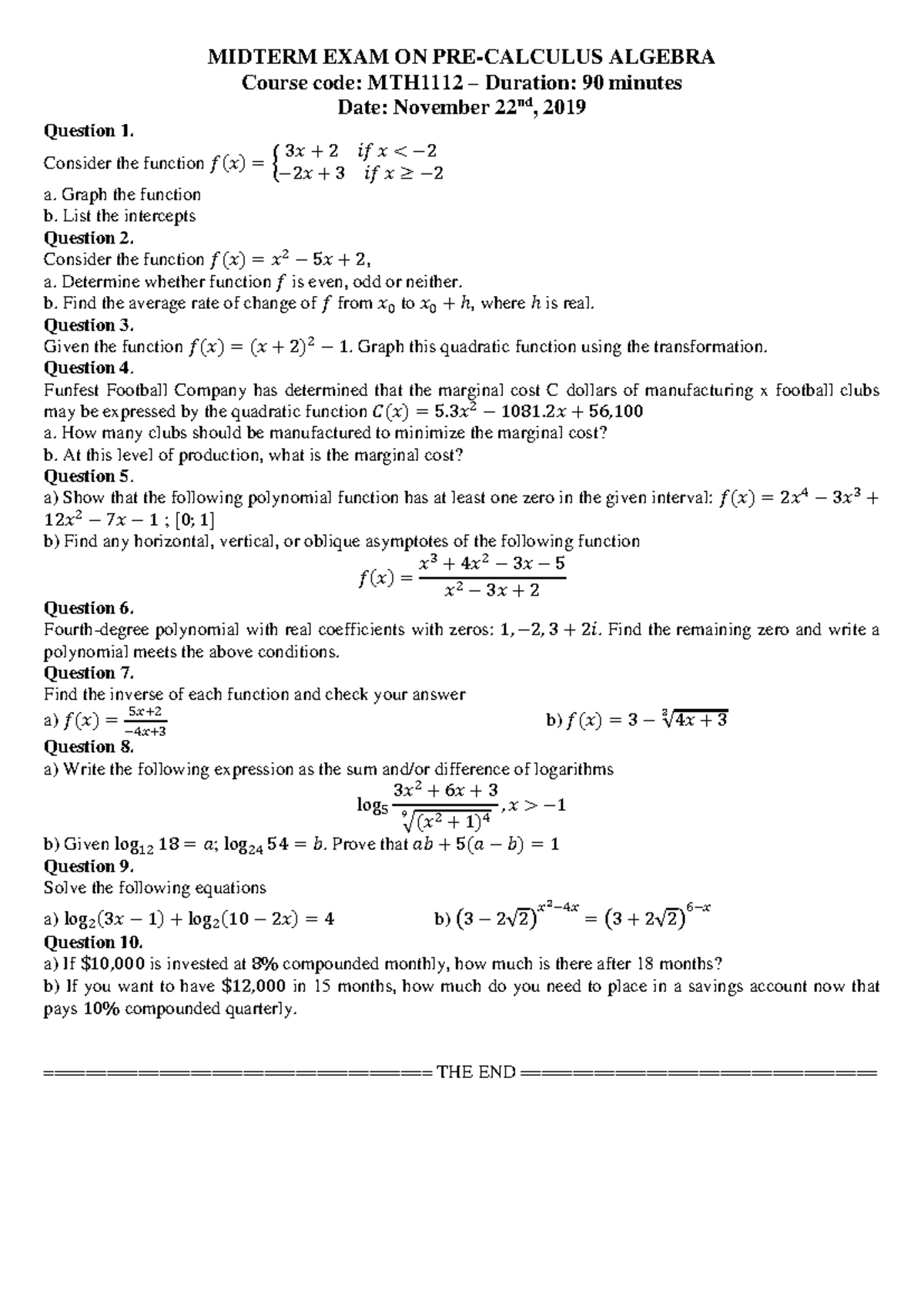 MIDTERM EXAM ON ALGEBRA (Course Code: 2019) - Questions & Solutions ...