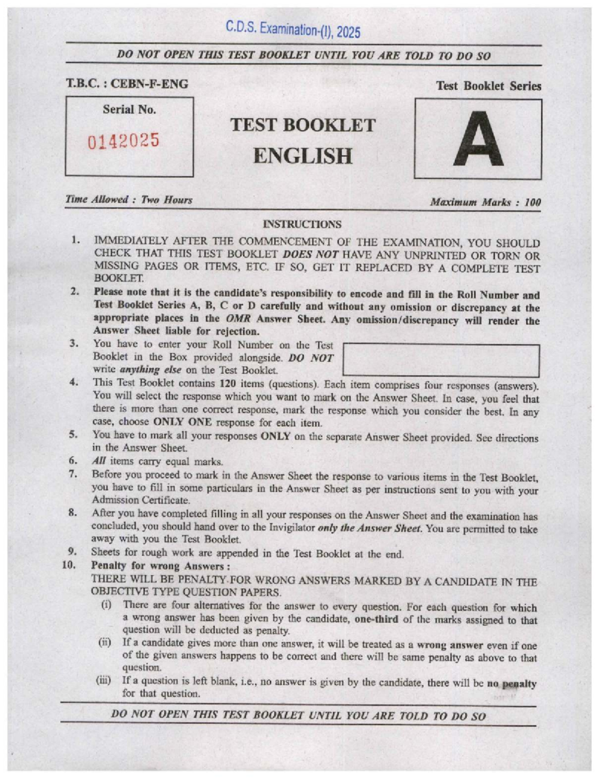 QP-CDSE-I-25: English Test Booklet for 2025 Examination - Studocu