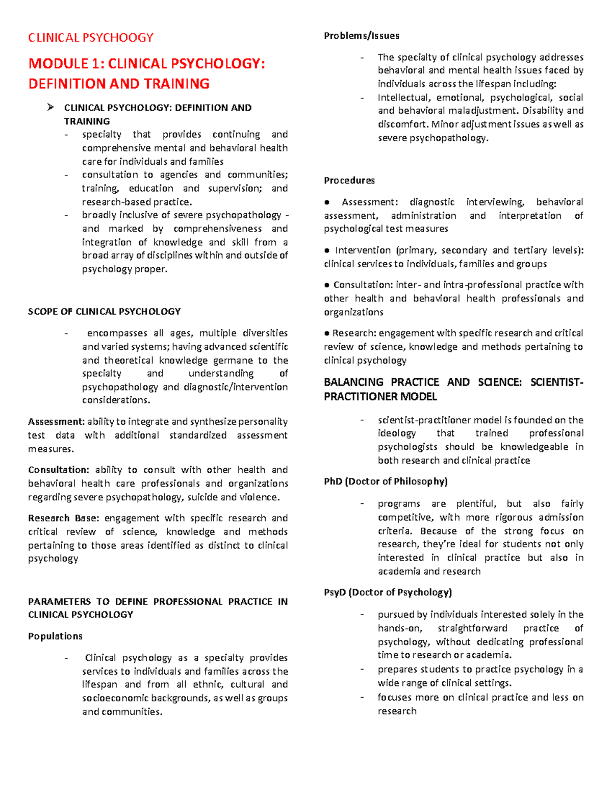 Clinical Psychology Reviewer - CLINICAL PSYCHOOGY MODULE 1: CLINICAL ...