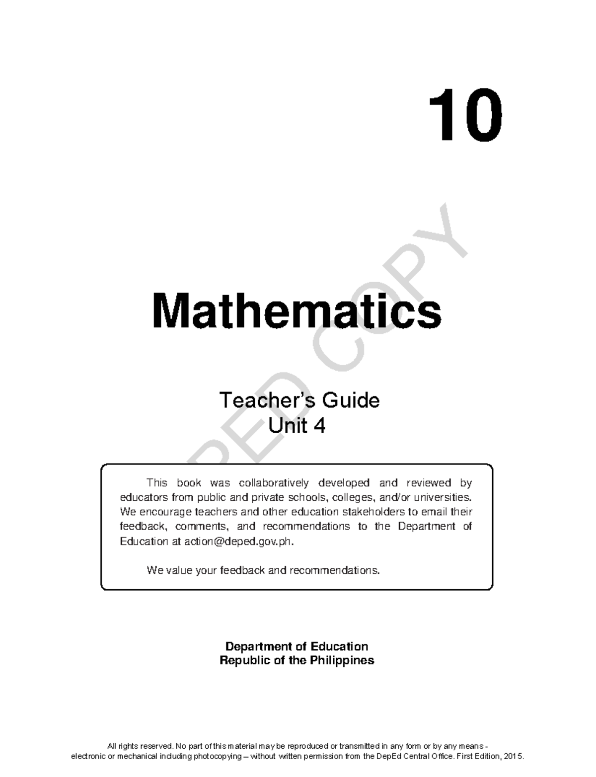 TG Mathematics 10 Q4: Teacher’s Guide on Measures of Position - Studocu