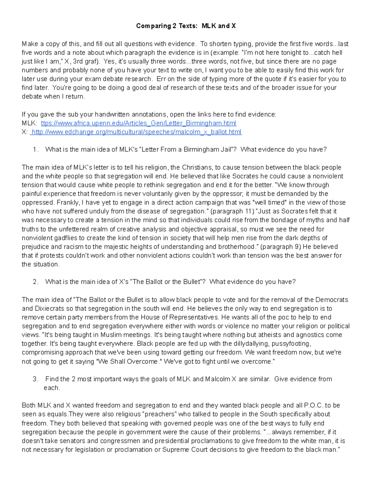 Copy of Comparing 2 texts - Comparing 2 Texts: MLK and X Make a copy of ...