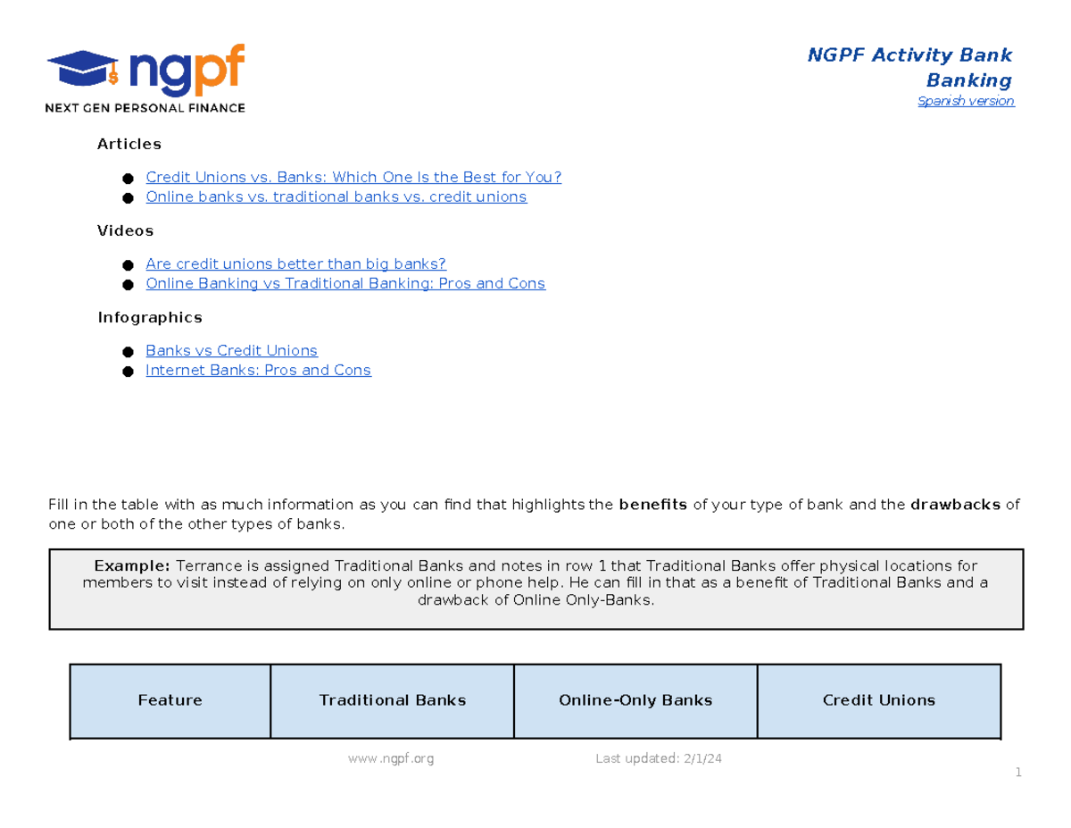 NGPF Activity: Banking Ads Comparison - Benefits & Drawbacks - Studocu