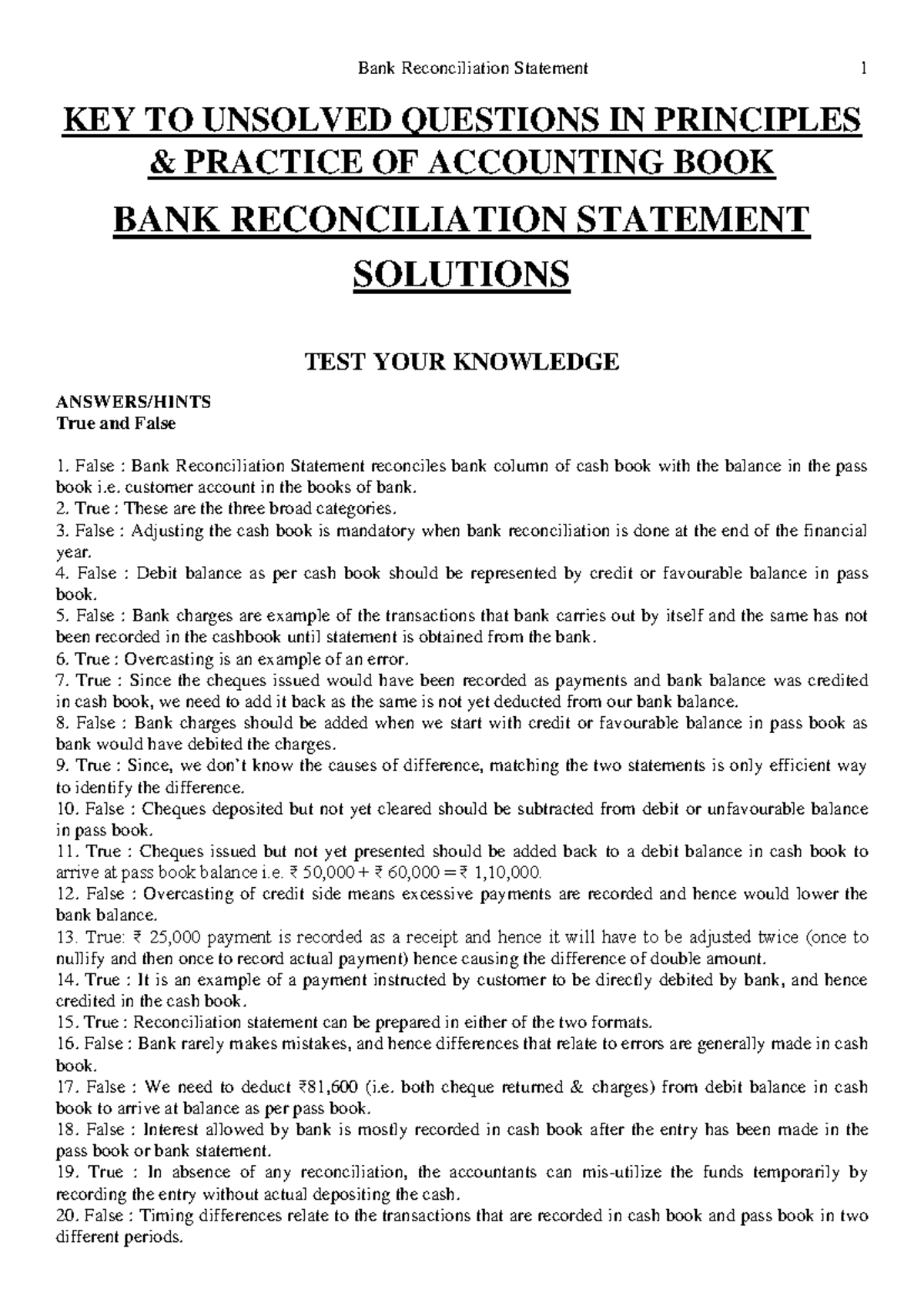 Bank Reconciliation Statement Solutions - Answer Key (14-12-2021) - Studocu