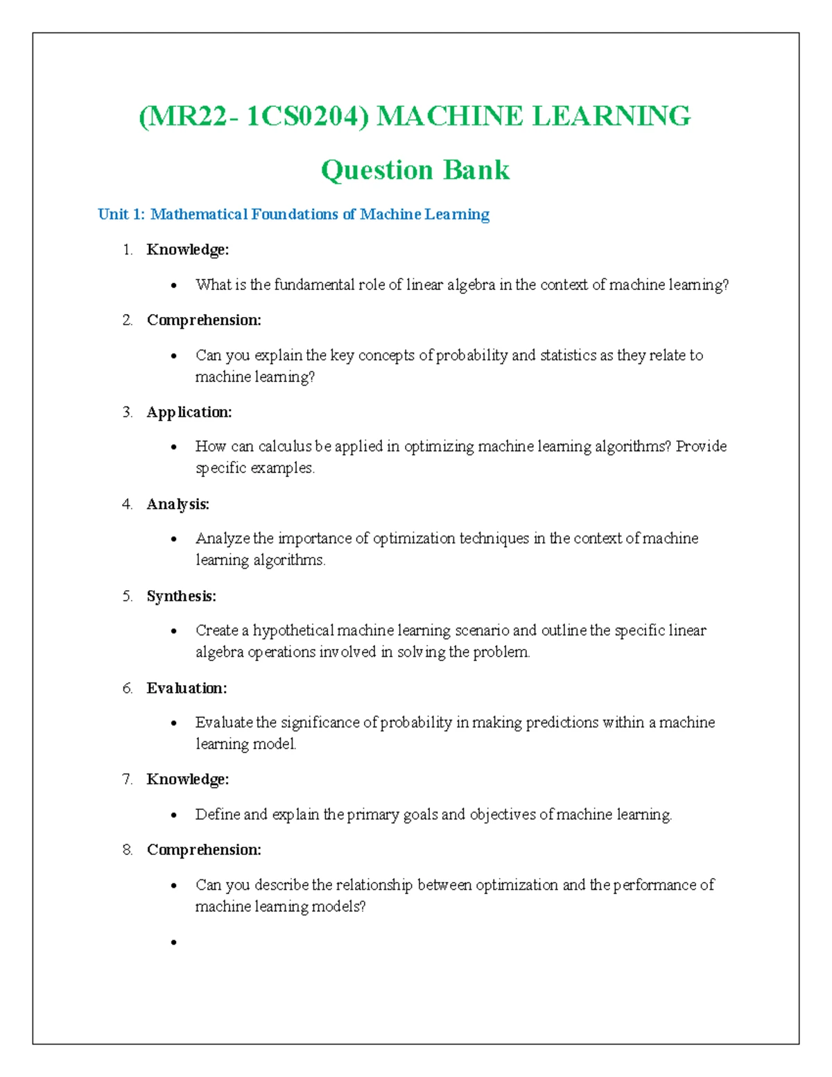 MR22-1CS Machine Learning Final Digital Notes and Key Concepts - Studocu