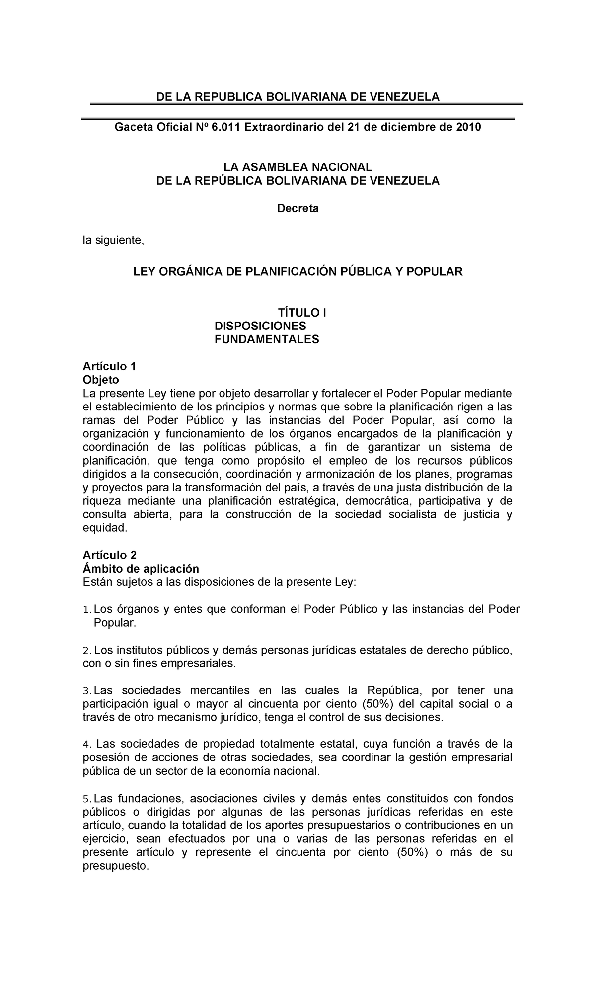 Ley Orgánica de Planificación Pública y Popular - Gaceta Oficial Nº 6.011 - Studocu