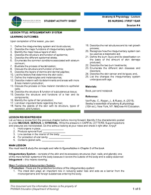 Anatomy & Physiology Lecture Activity Sheet BS Nursing 1st Year Session ...