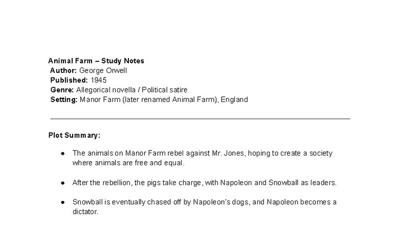 Animal Farm (ENG 101) Study Notes: Themes, Characters, and Symbols ...