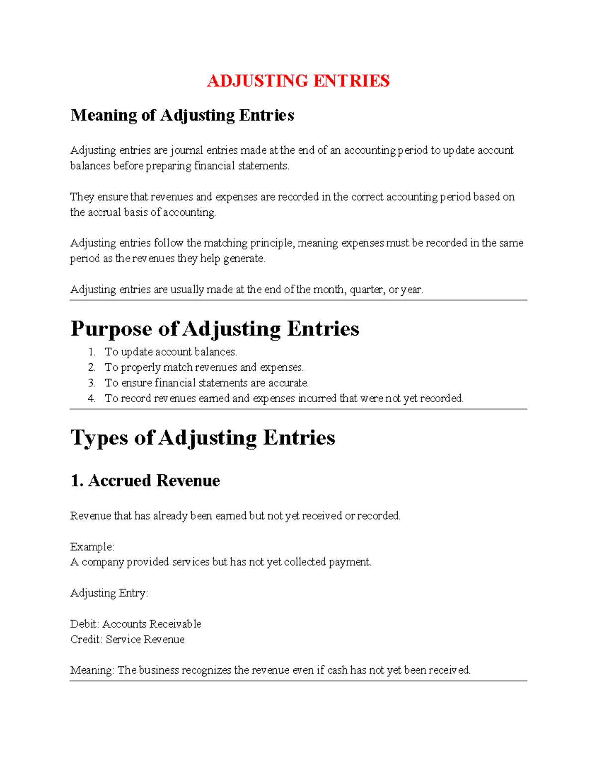 Adjusting Entries: Understanding Their Purpose and Types - Studocu