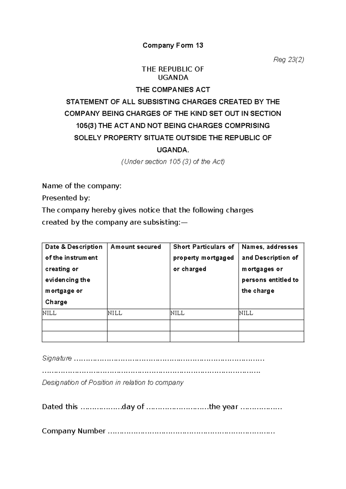 FORM 13 - Statement of Subsisting Charges under the Companies Act - Studocu