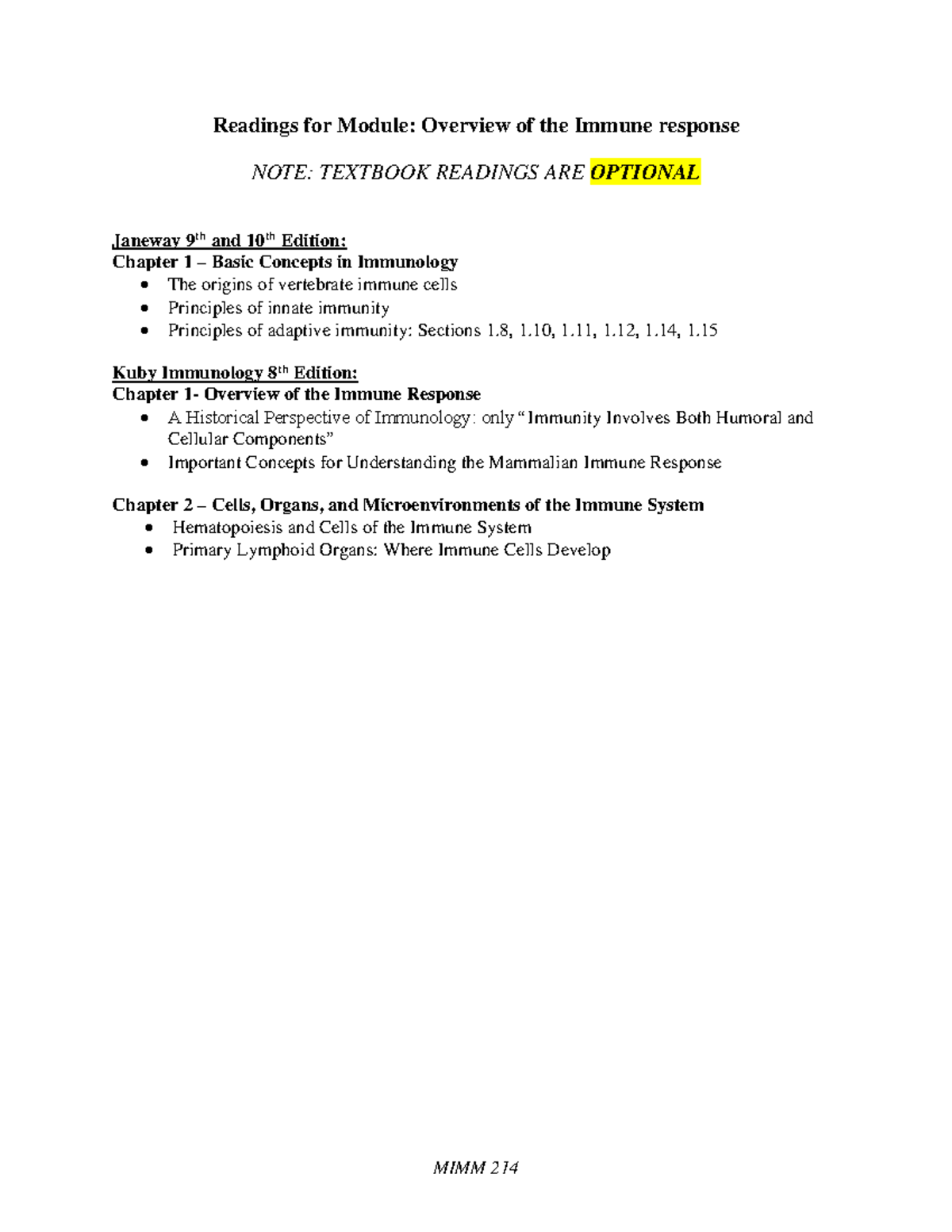 MIMM 214: Overview of the Immune Response Readings - Studocu