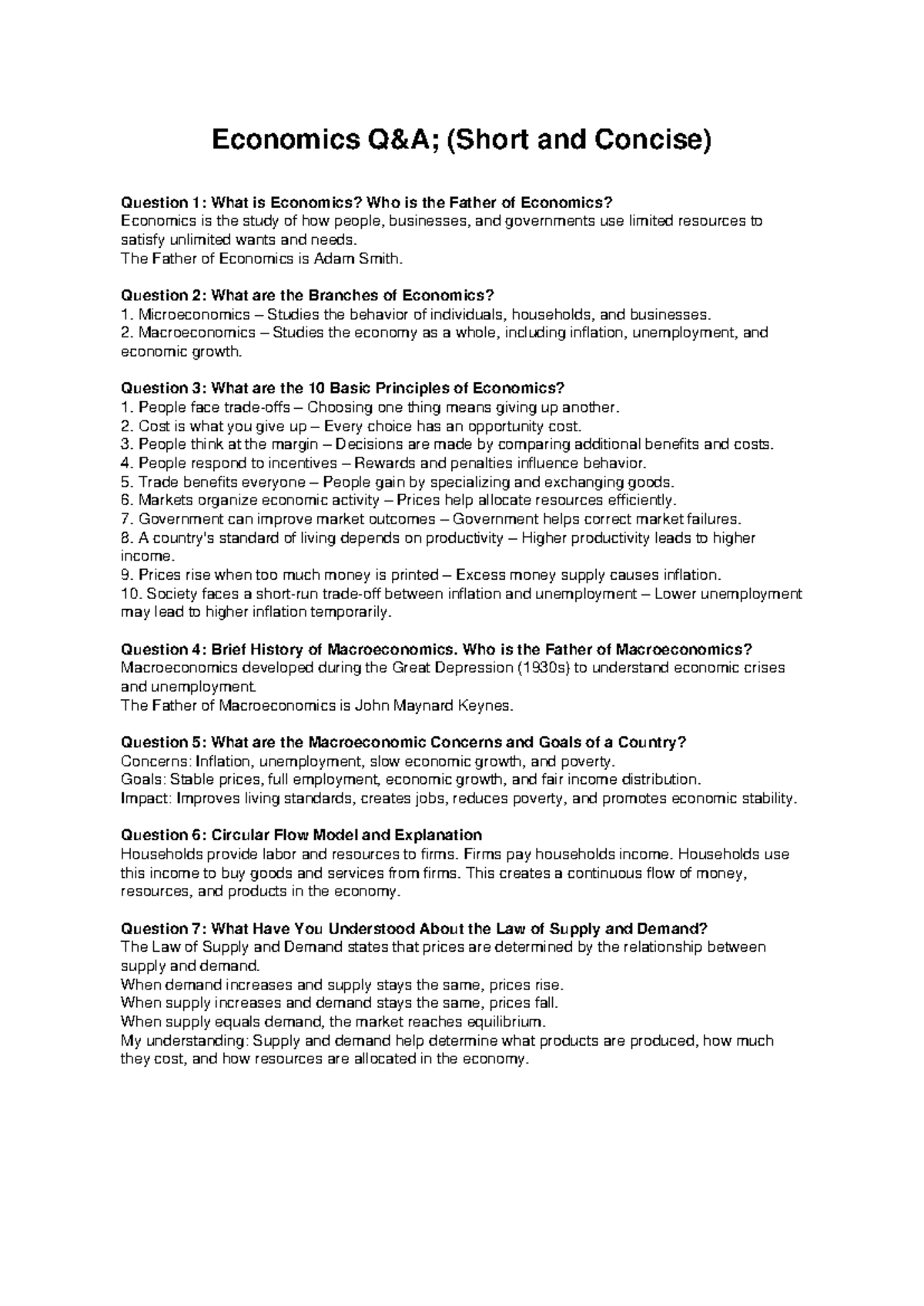 Economics (ECO101) Short Answer Q&A: Key Concepts & Principles - Studocu