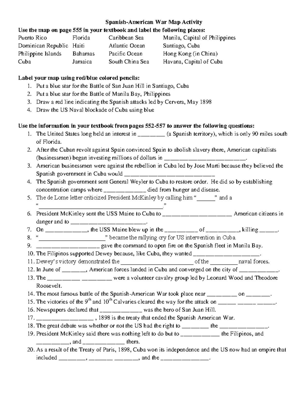 Spanish-American War Map Activity: Key Locations and Battles - Studocu