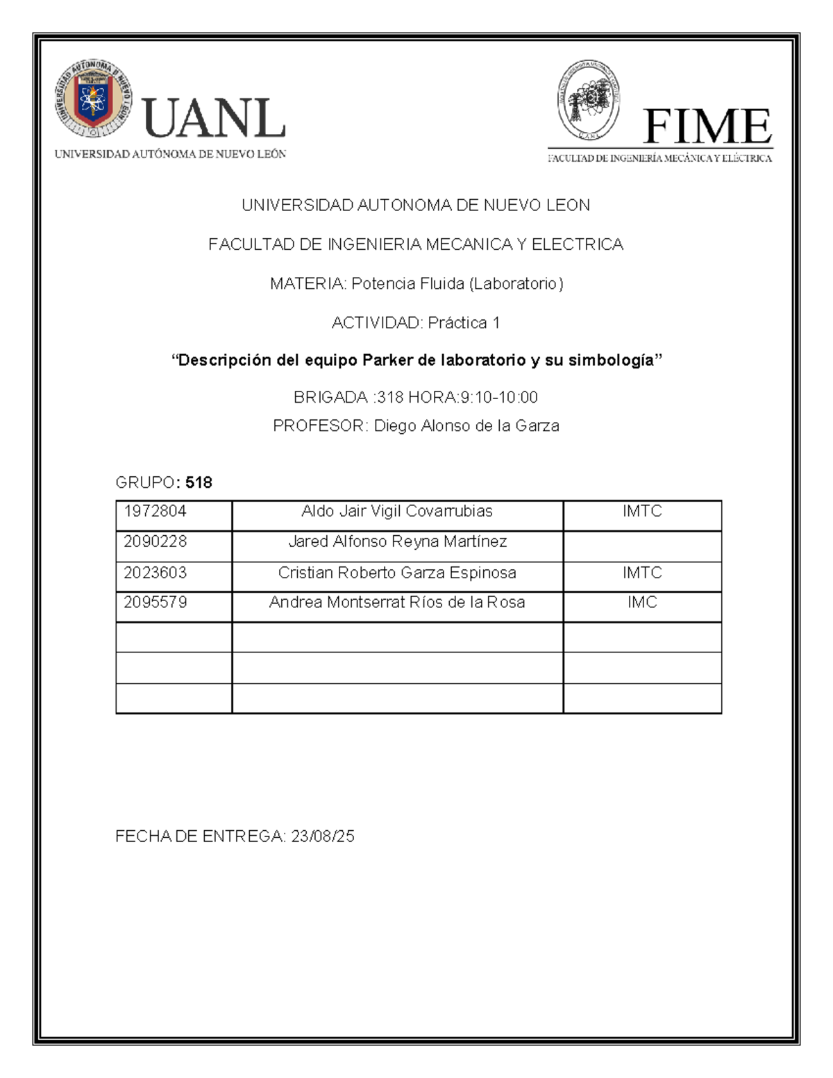 Práctica 1: Equipo Parker en Potencia Fluida (Laboratorio) IMTC - Studocu